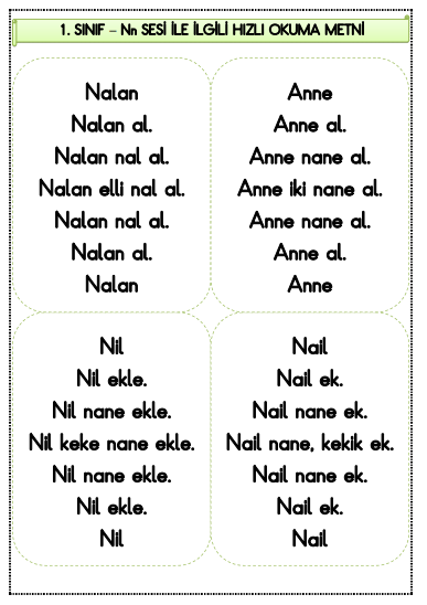 1.Sınıf-Okuma Yazma-Anlama-N Sesi Hızlı Okuma Metni
